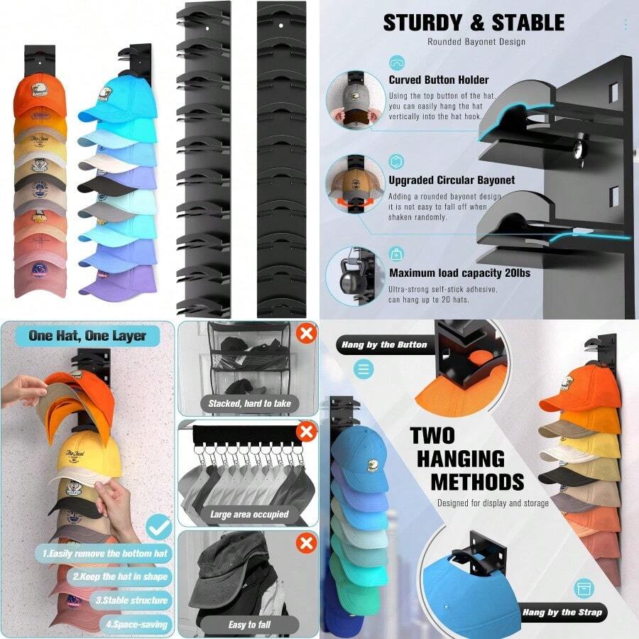 Hat Organizer For Baseball Caps 2Pack Hat Rack For Wall With Strong ...
