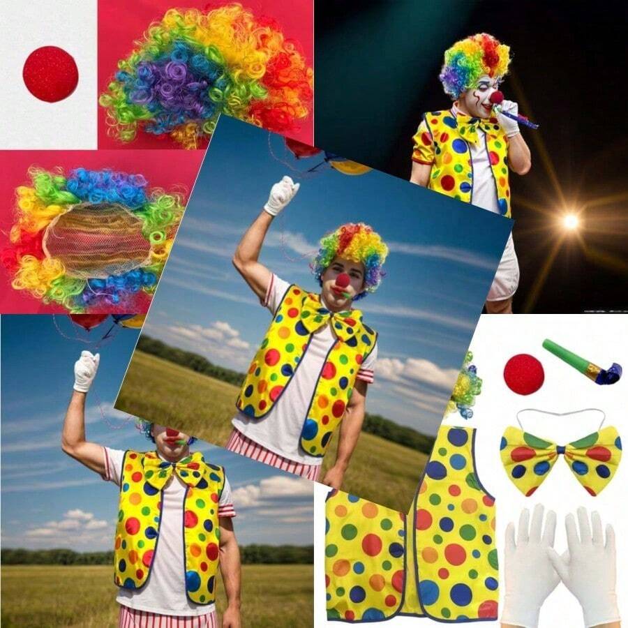6Pcs Clown Costume Set Men And Women Clown Costumes With Vest Wig Glove ...