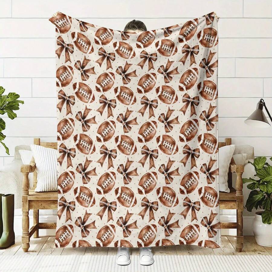 Light Beige 1pc Football & Bow Pattern Flannel Throw Blanket - Cozy ...