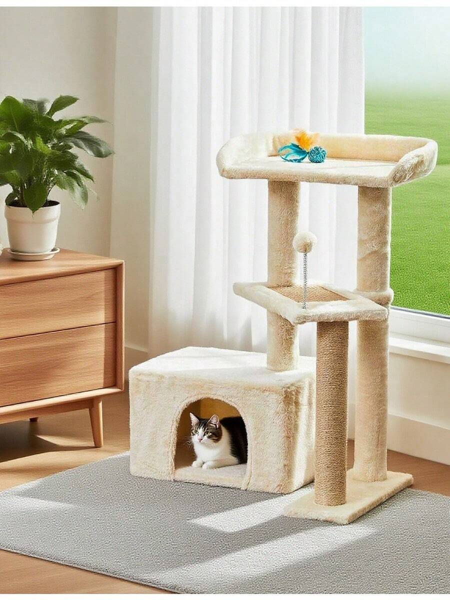 31Inch Cat Condo With Lookout Tower Scratching Post Covered Pom-Pom Toy ...