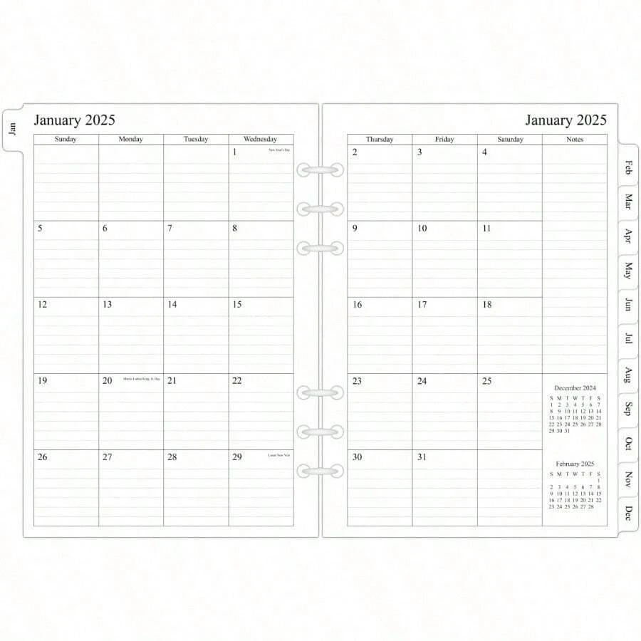 20252026 Monthly Planner Refills For A5 6Ring Binder Two Pages Per ...