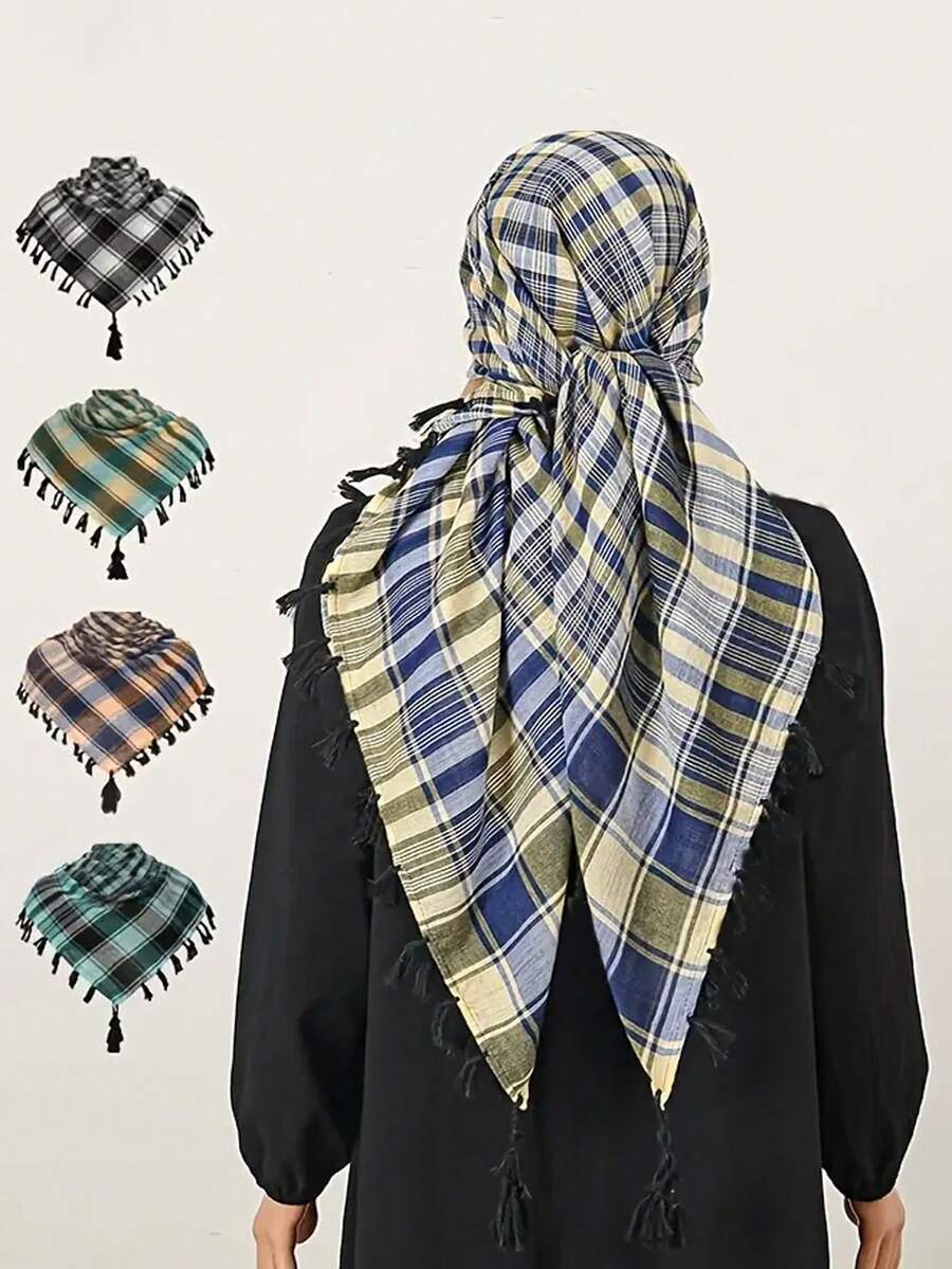 1pc Arabic Style Scarf, Four-Sided Tassel Houndstooth Headscarf ...