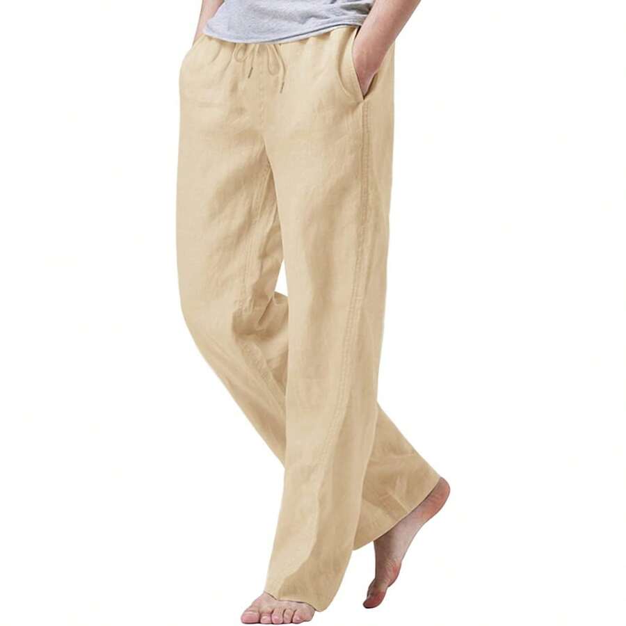 Linen Pants Men Casual 2025 Summer Beach Elastic Drawstring Waist Yoga ...