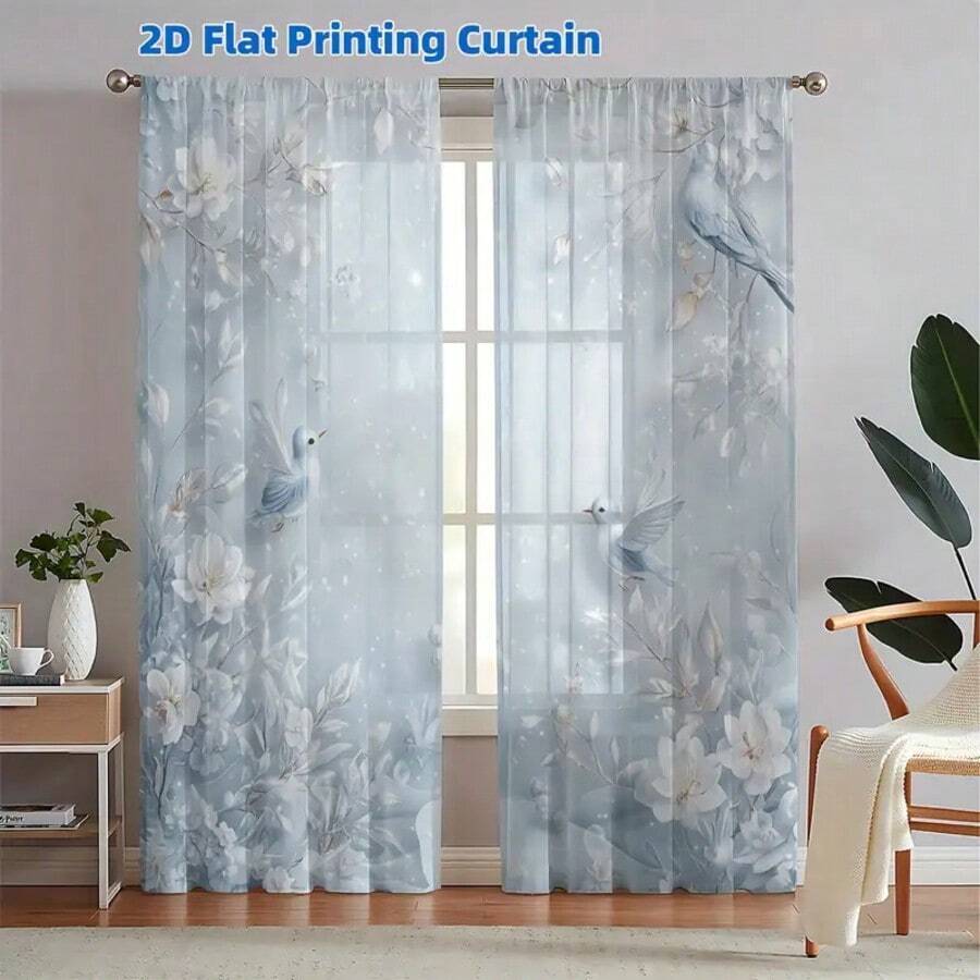 2PCS 2D Flat Printed Light Blue Floral And Bird Pattern Semi ...