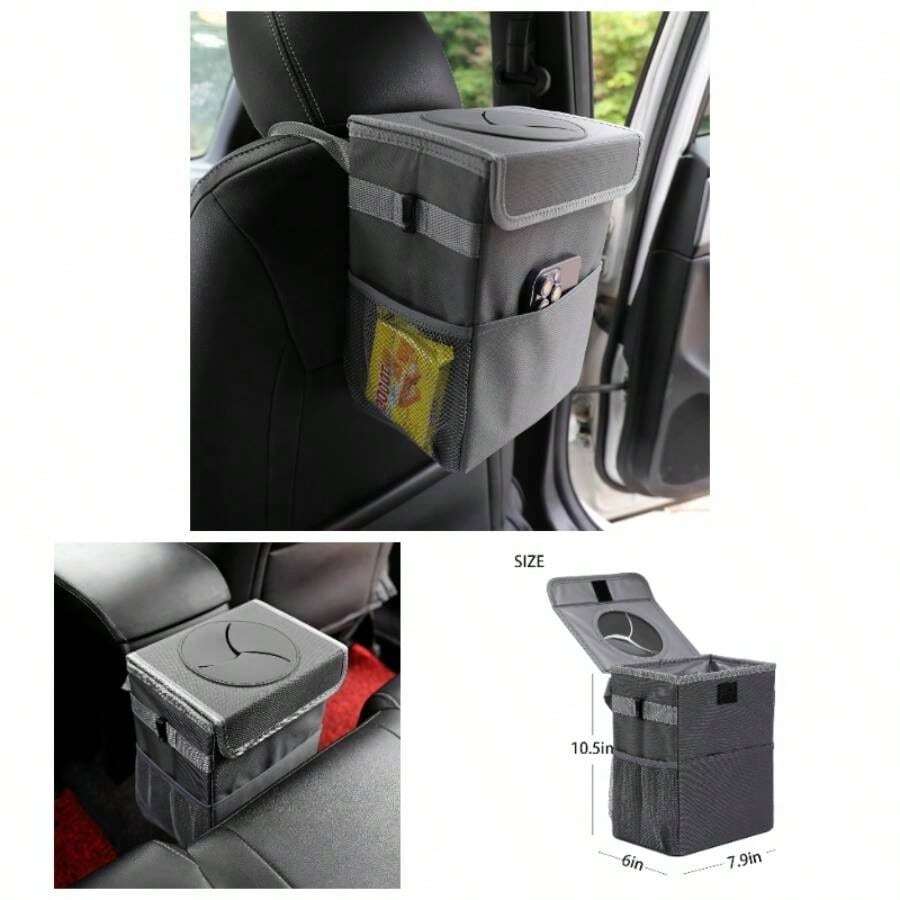 Car Garbage Can With Lid Leak Proof Vehicle Trash Can 3 Storage Pockets ...