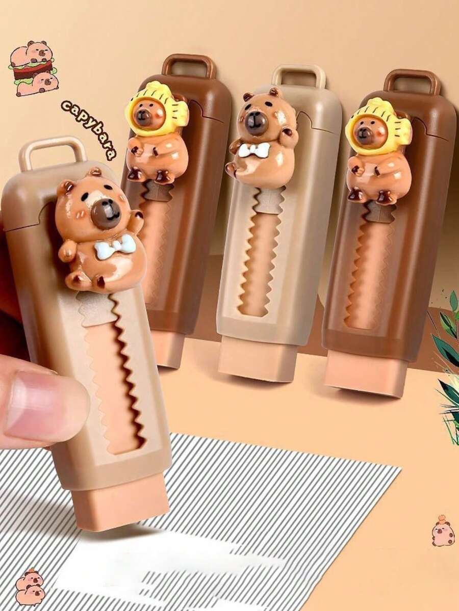 1/4pcs Capybara Erasers, Capybara Themed Push-Pull Design, High-Quality Synthetic Rubber, Smooth ...
