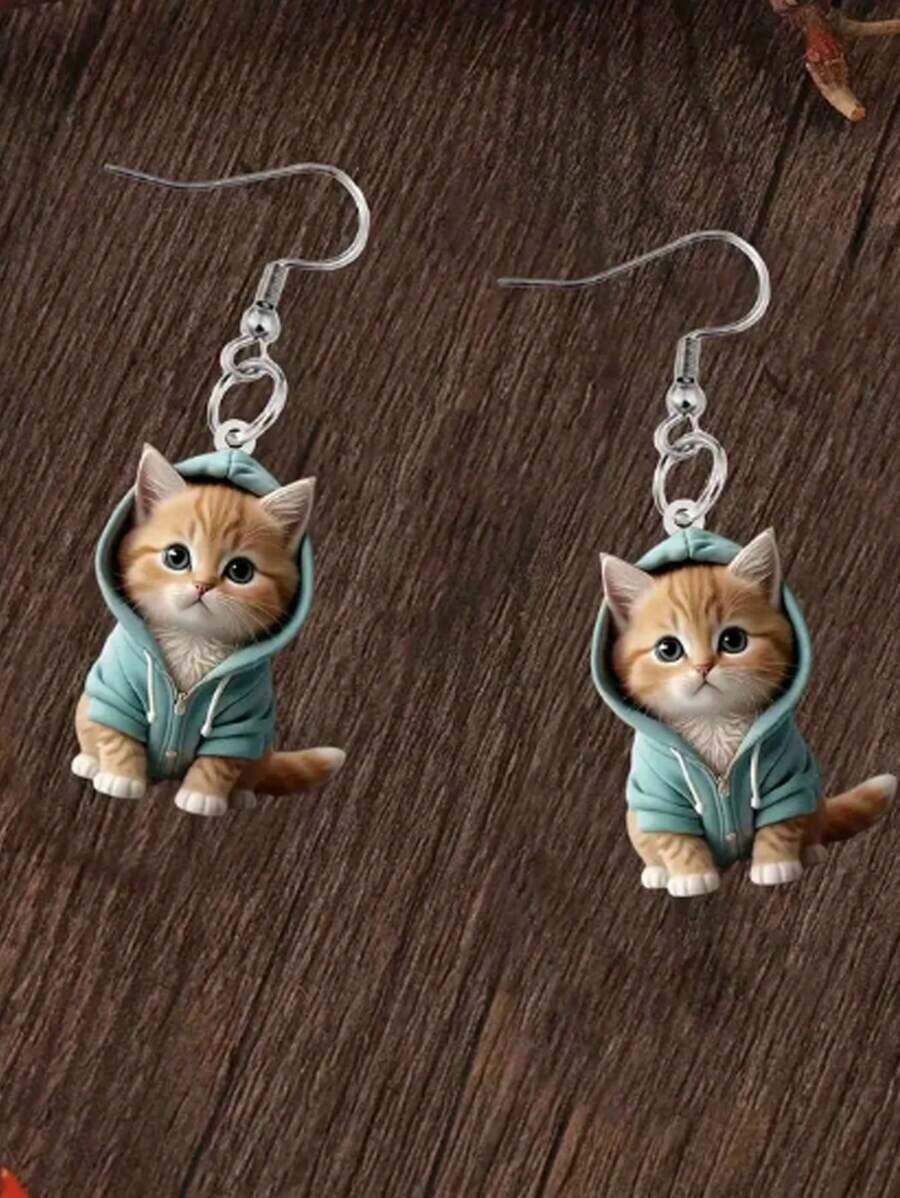 1 Pair Adorable Hoodie Cat Drop & Dangle Earrings, 2D Acrylic Cartoon ...