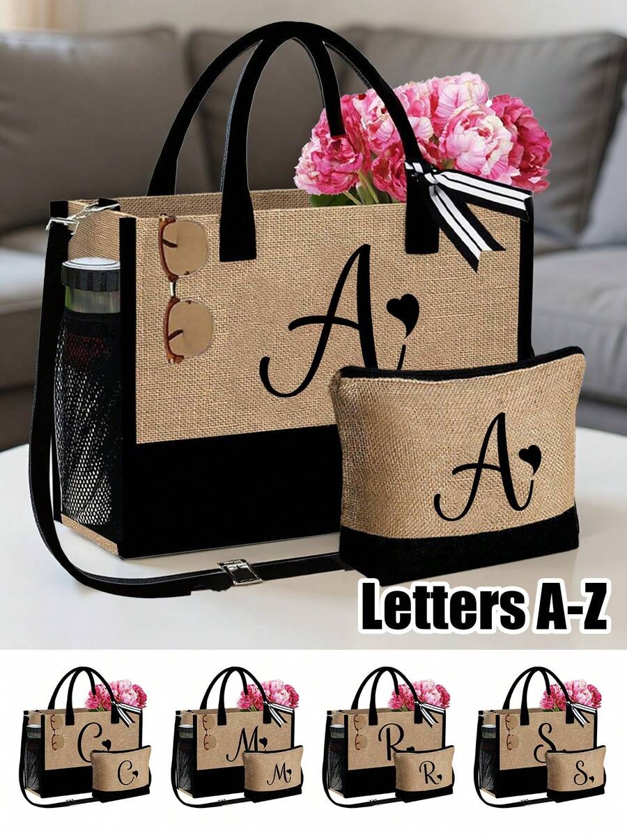 2pcs/Set Women's Beach Tote Bag With Shoulder Straps, Personalized A ...
