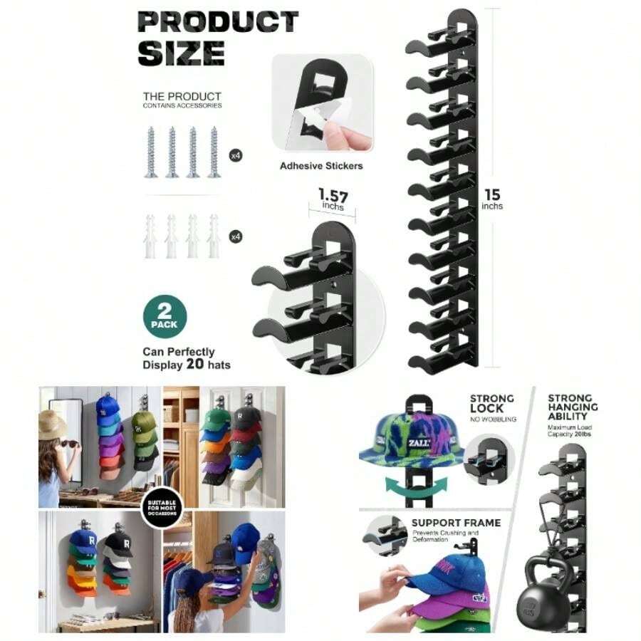 Hat Hook Wall, 2 Pack Hat Organizer Hold Up To 20 Hats, Hat Holder With ...
