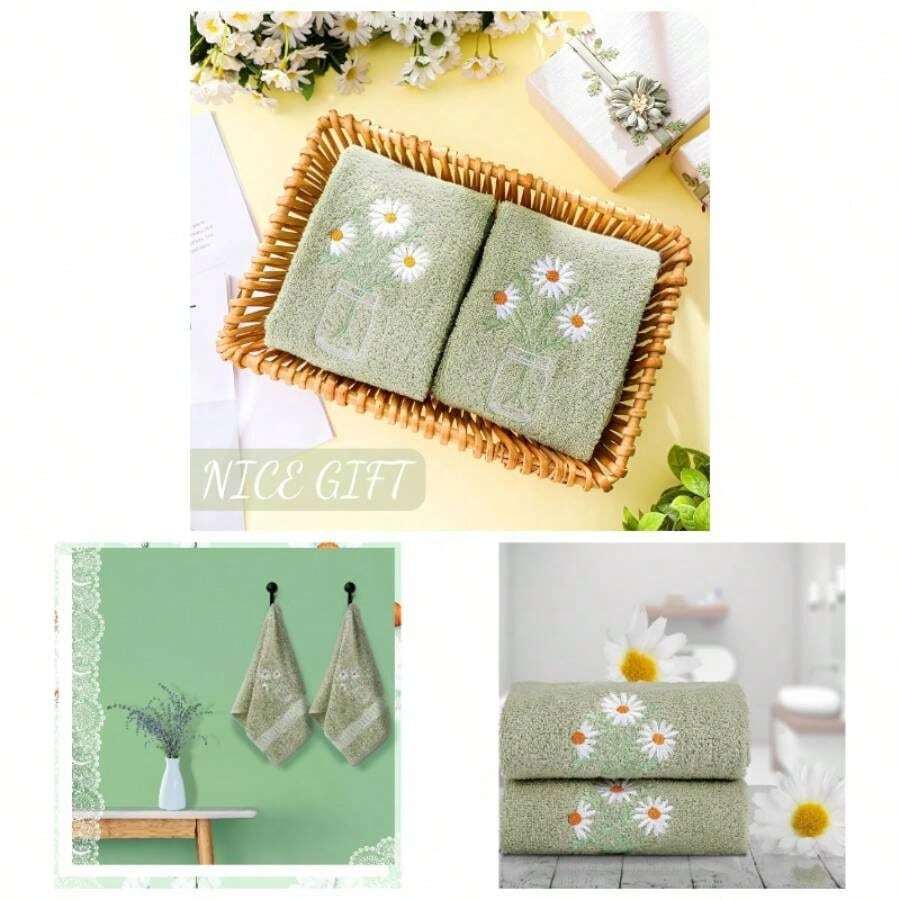 2 Pcs Daisy Flower Hand Towels Gray Green Bathroom Decor 14x29 Inch ...