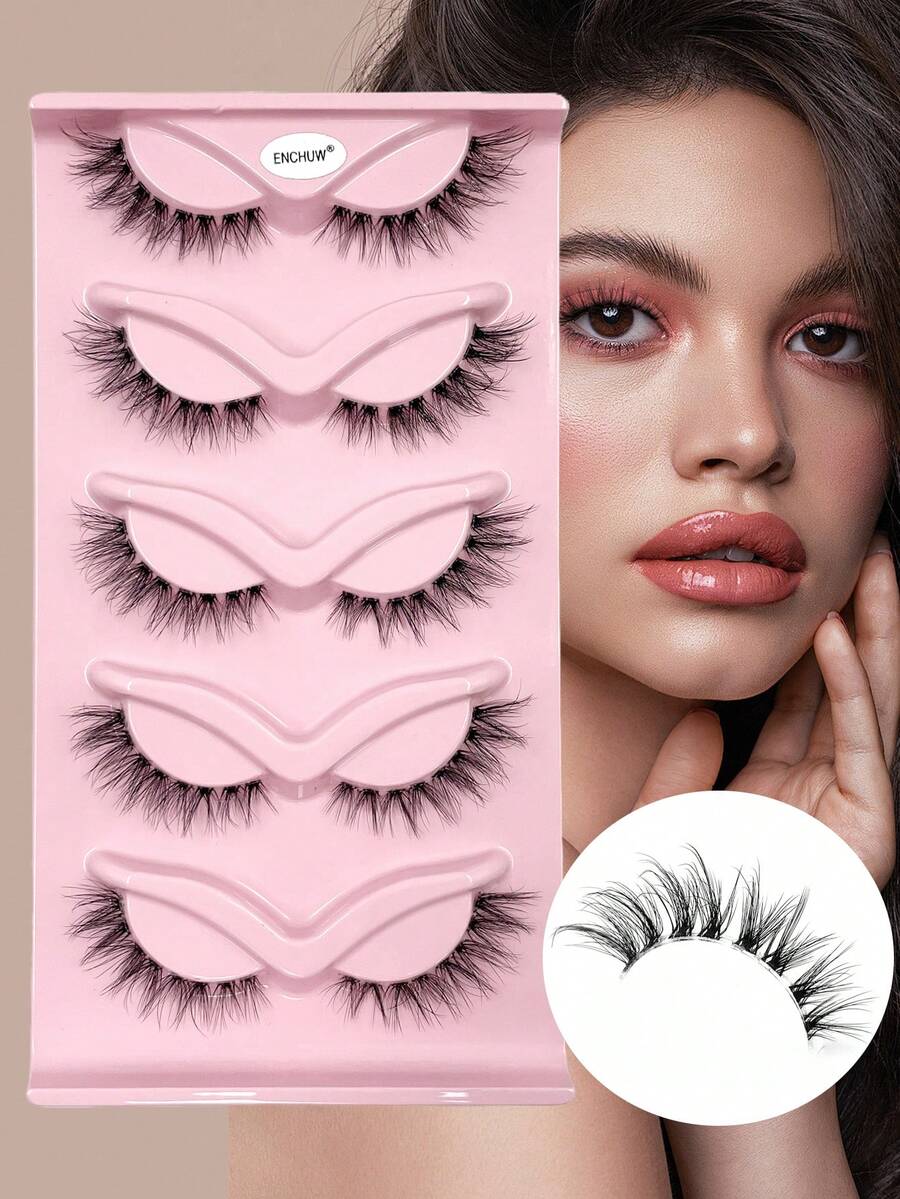 ENCHUW 5 Pairs False Eyelashes Natural Look Cat Eye Lashes With Clear ...