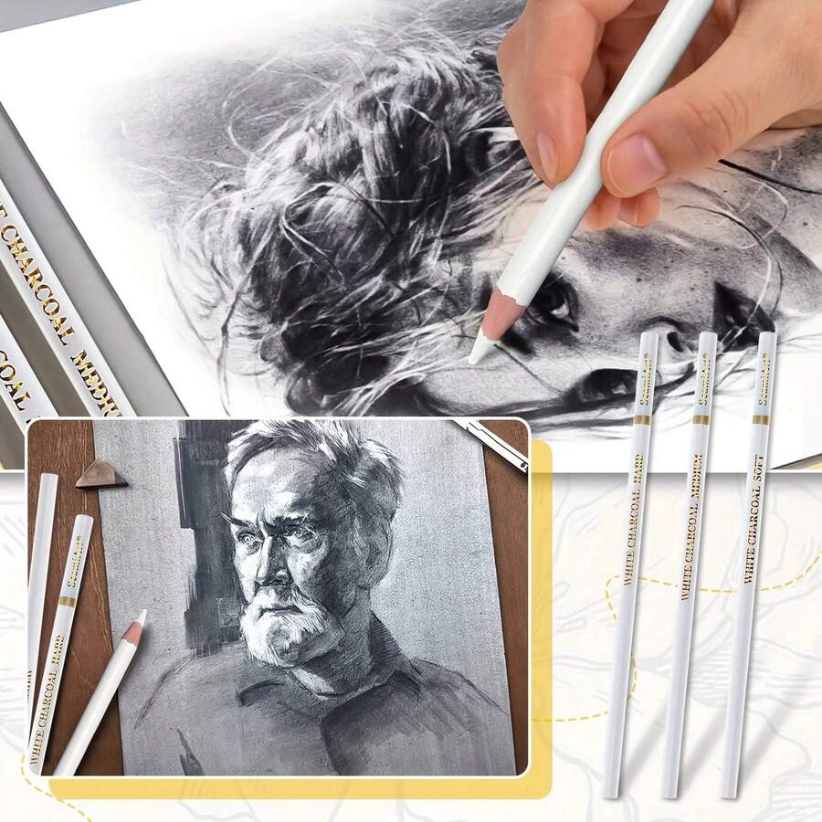 3pcs/SET Soft/Medium/Hard 3pcs Highlight Charcoal Pencil Sketch White ...