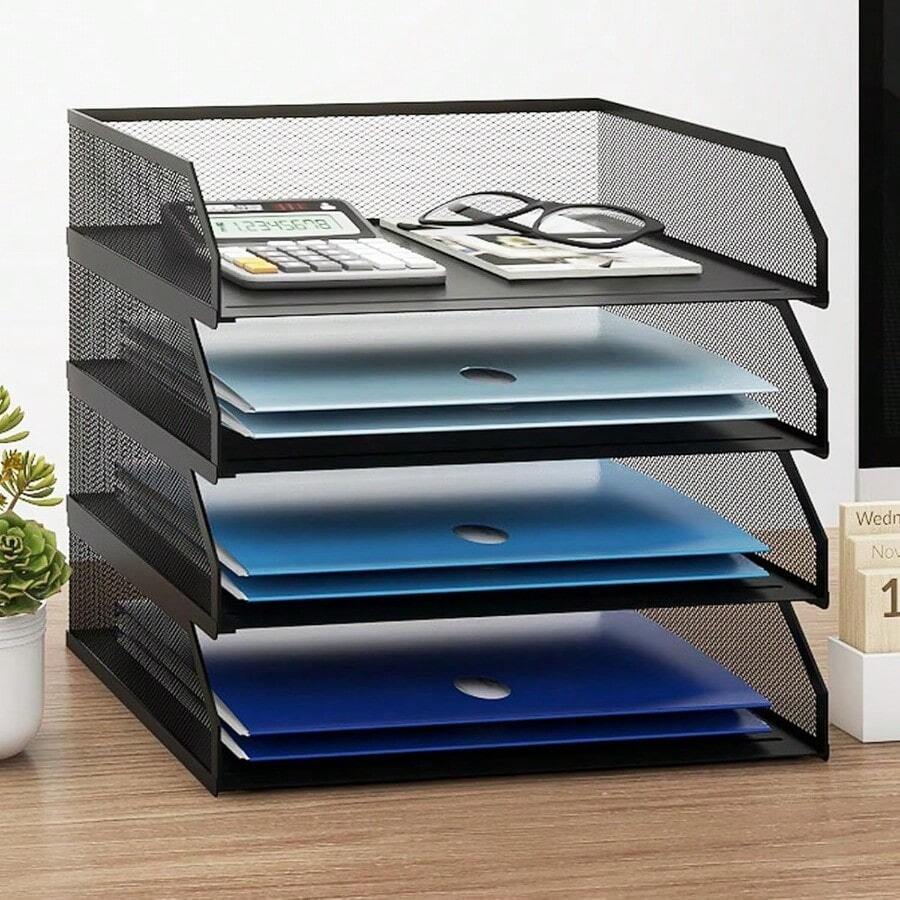 4Tier Stackable Paper Tray Metal Mesh Desktop Organizer A4 Paper Sorter ...