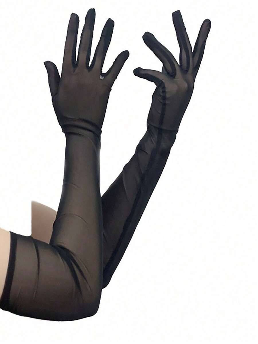 1 Pair Plus Size Halloween Costume White Gloves Fall Beauty Black Mesh ...