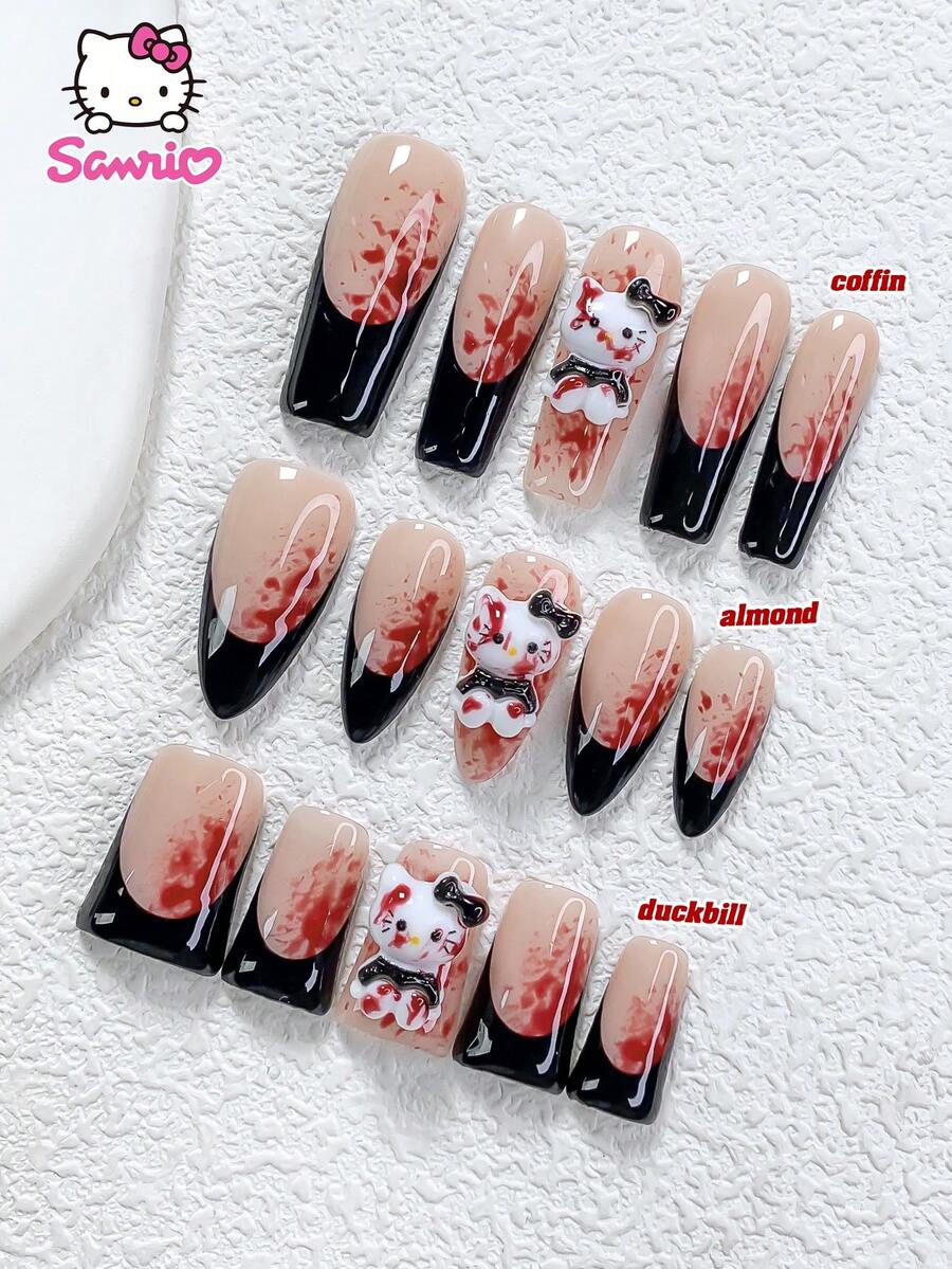 Sanrio 10Pcs Darkness Halloween Nails,Handmade French Tips, 3D Black ...