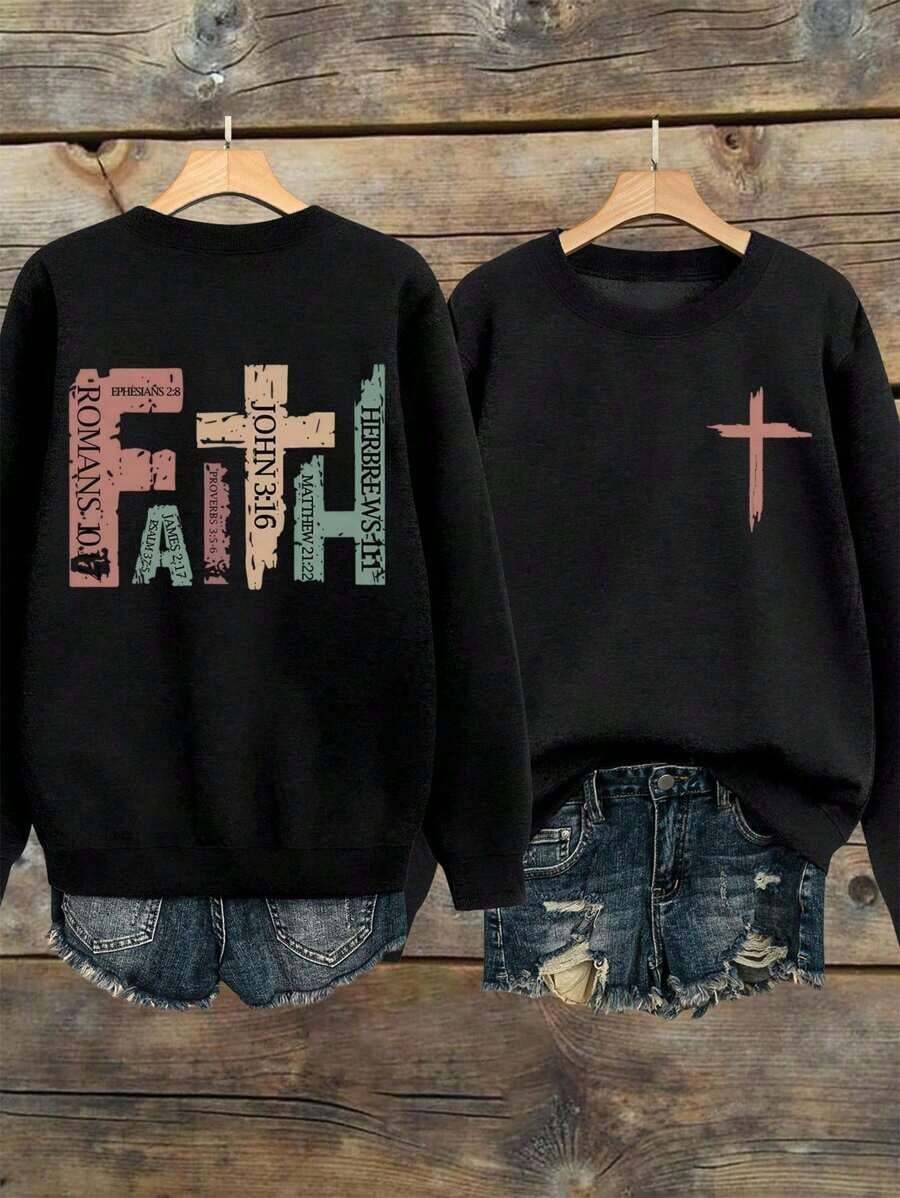 Faith Print Slogan Letter Graphic Crew Neck Long Sleeve Sweatshirt For ...