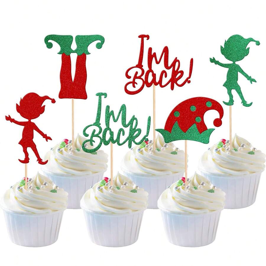 12/24PCS Christmas Elf Cupcake Toppers Green Red 12/24Pcs Glitter I'm ...