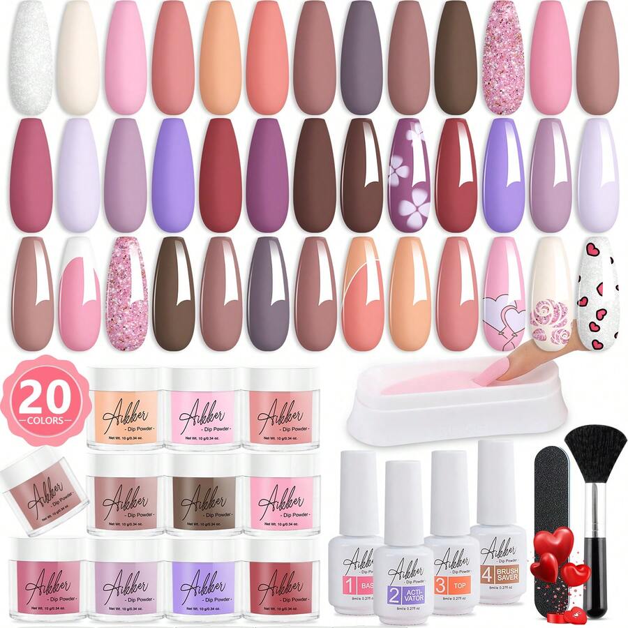 AIKKER 27pcs Essential Dip Powder Nail Kit - 20 Coral Colors Nude Pink ...