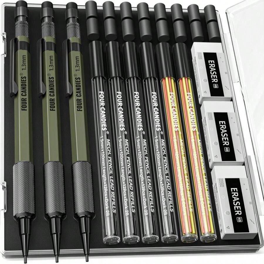 Four Candies 1.3mm Mechanical Pencil Set With 72 Lead Refill, 3PCS ...
