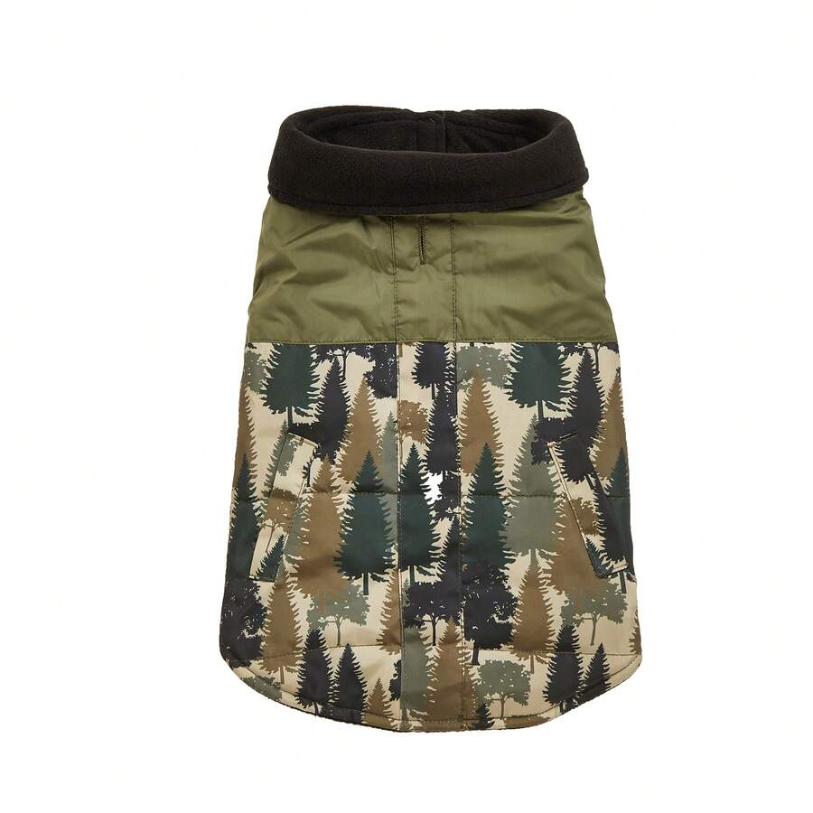 1pc Military Green Leaf Print Black Fleece Lined Warm Pet Jacket Coat ...