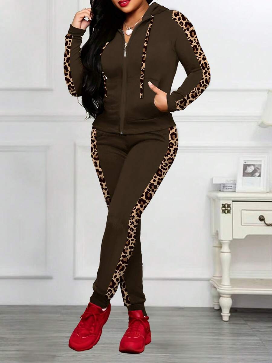 2pcs/Set Sporty Color Block Leopard Stripe Zip-Up Hoodie And Pants ...