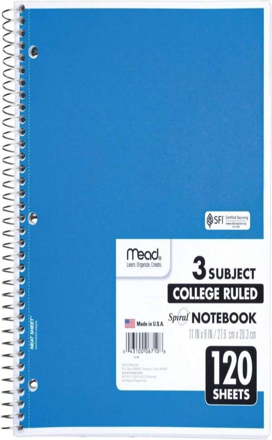 Mead Spiral Notebook, 3 Subject, College Ruled Paper, 8" X 11", 120 ...