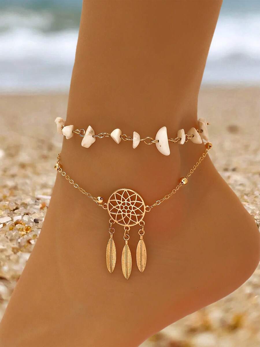 1pc Boho Style Hollow Leaf Anklet, Multi-Layer Creative Pebble ...