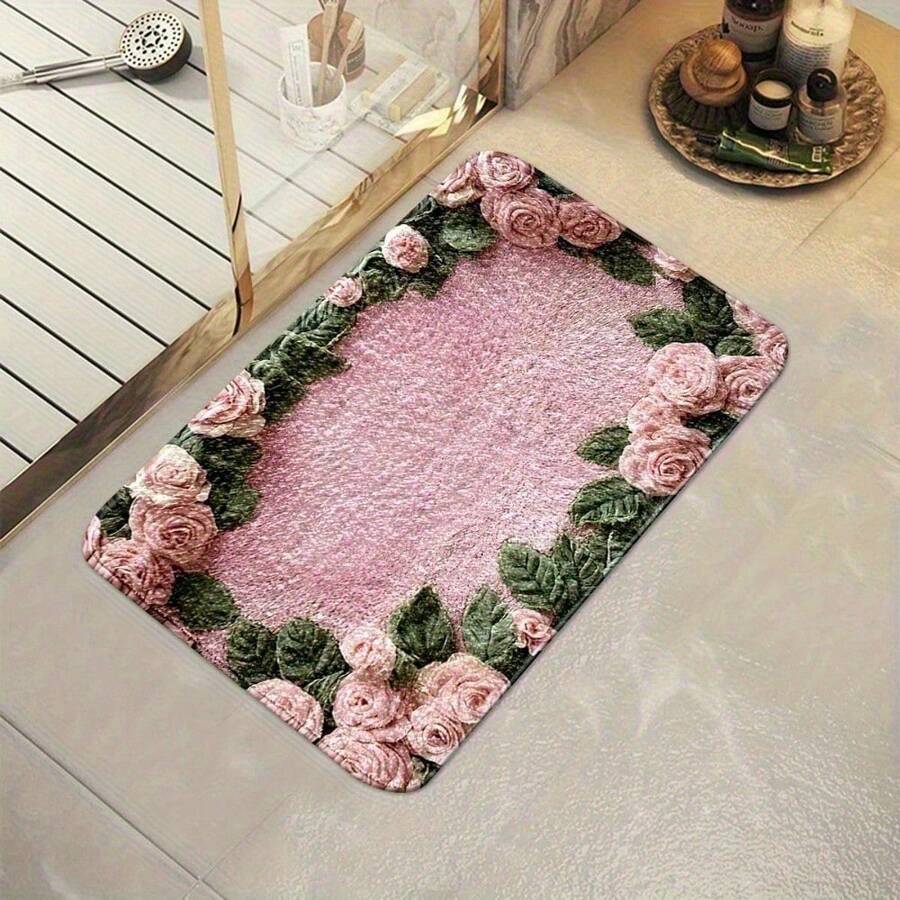 [Elegant Bath Mat] Non-Slip 1pc Flannel-Style Floral Bath Mat | Square ...
