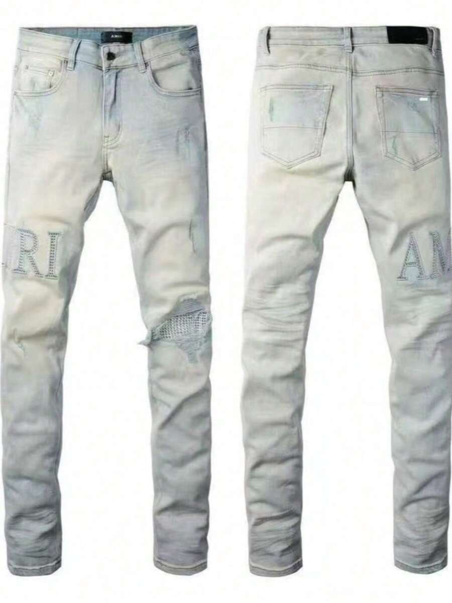 Foreign Trade Splicing Embroidery Retro AM Slim-Fitting Pants Men's ...