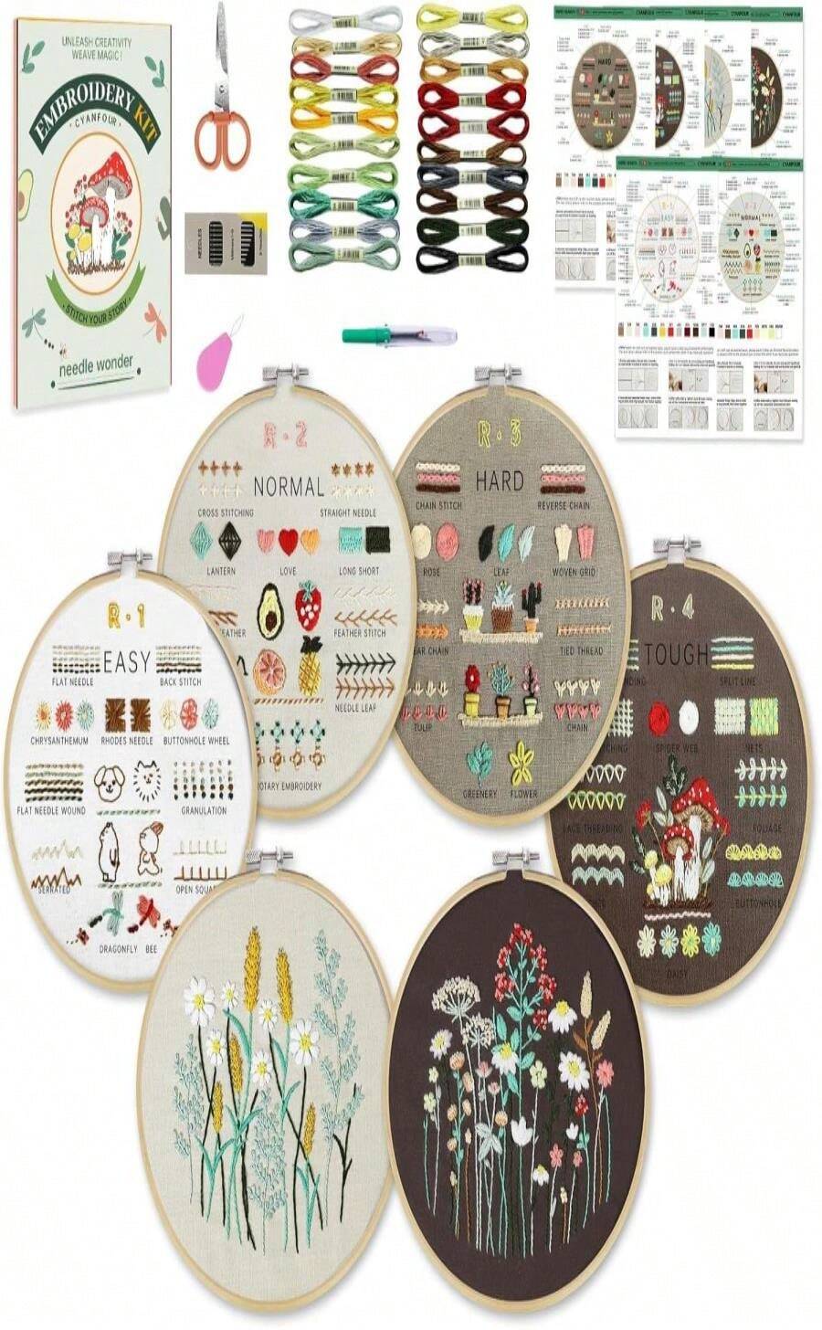 CYANFOUR 4 Stage Beginners Embroidery Kit For Adults, Easy To Learn 38 ...
