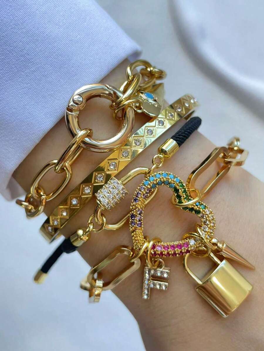 STYLEVER 1pc Gold Letter Bracelet With Colorful Diamond Heart Pendant ...