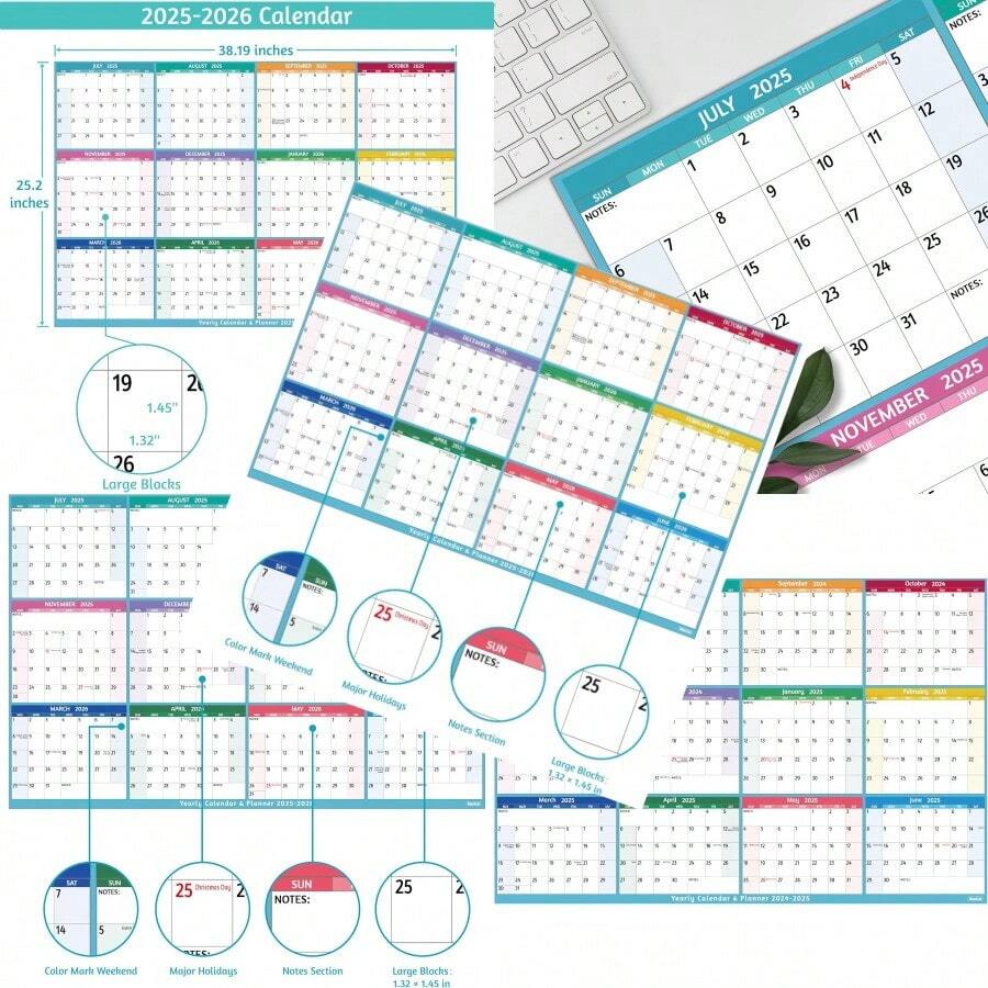 Yearly Wall Calendar 20252026 Large Yearly Calendar Jul 2025 Jun 2026 ...