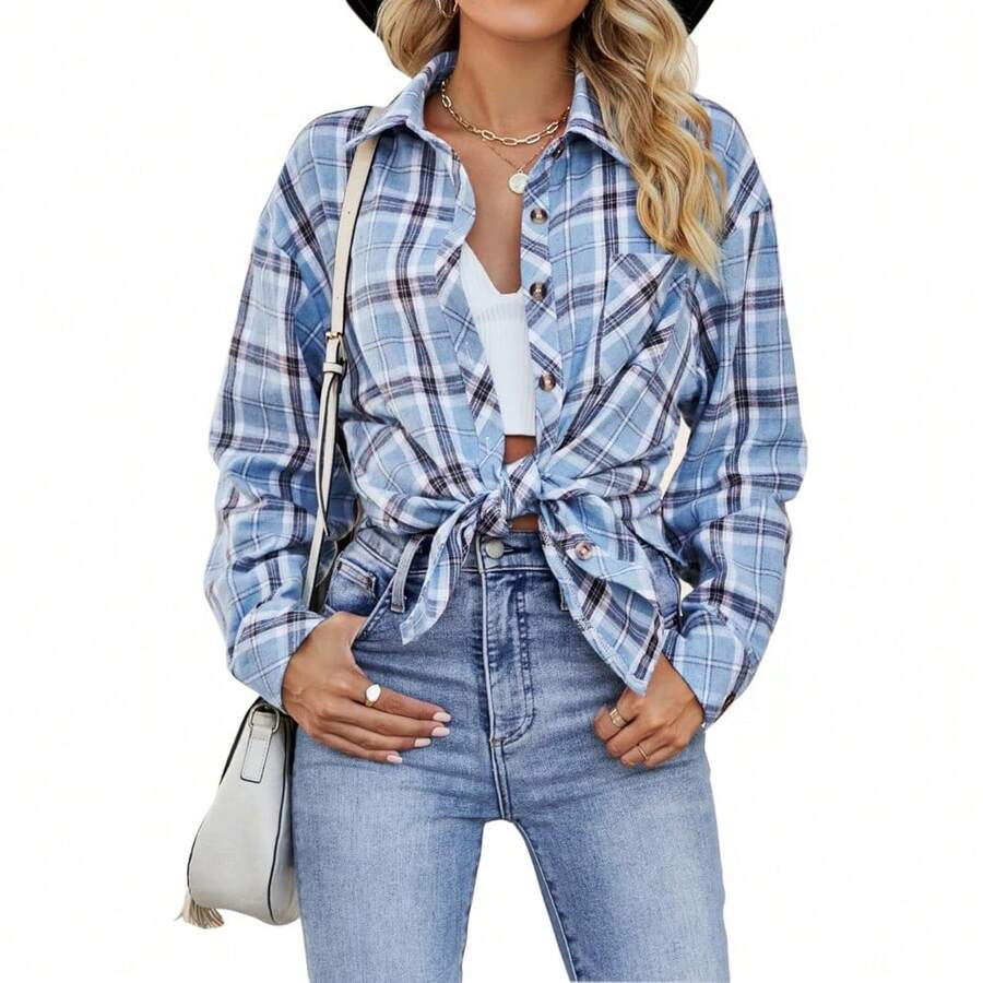 CHYRII Womens Button Down Flannel Shirts Long Sleeve Plaid Shackets ...