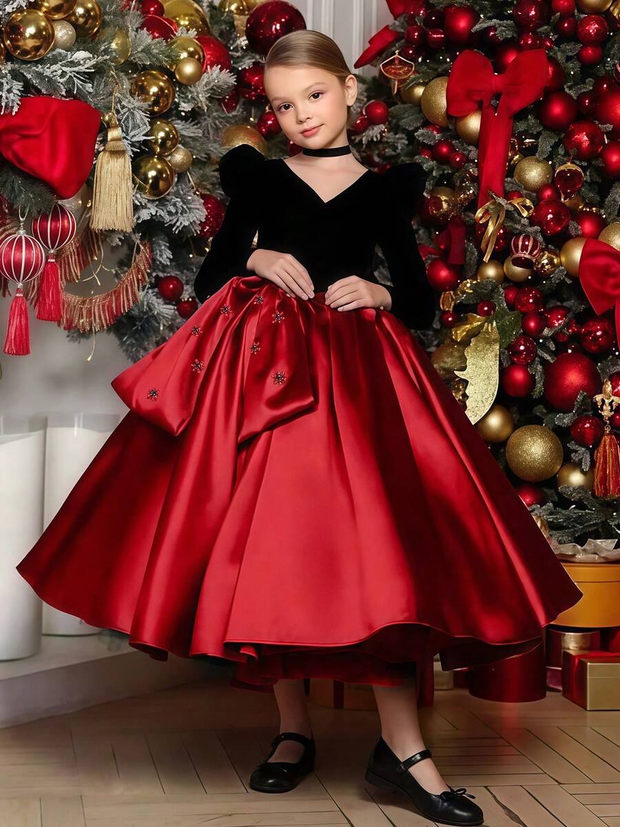 Tween Girl Bow V-Neck Flower Girl Party Dress, Elegant Princess Dress ...