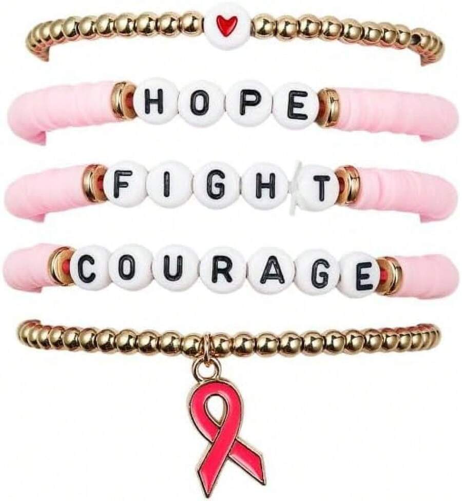WJR 5 Pcs Breast Cancer Bracelets Pink Ribbon Heishi Surfer Bracelets ...