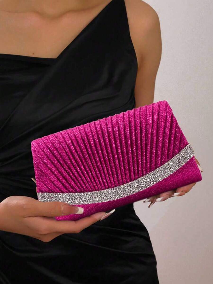 Hot Pink Mini Glitter Evening Bag Glamorous Pleated Square Bags Sparkly ...