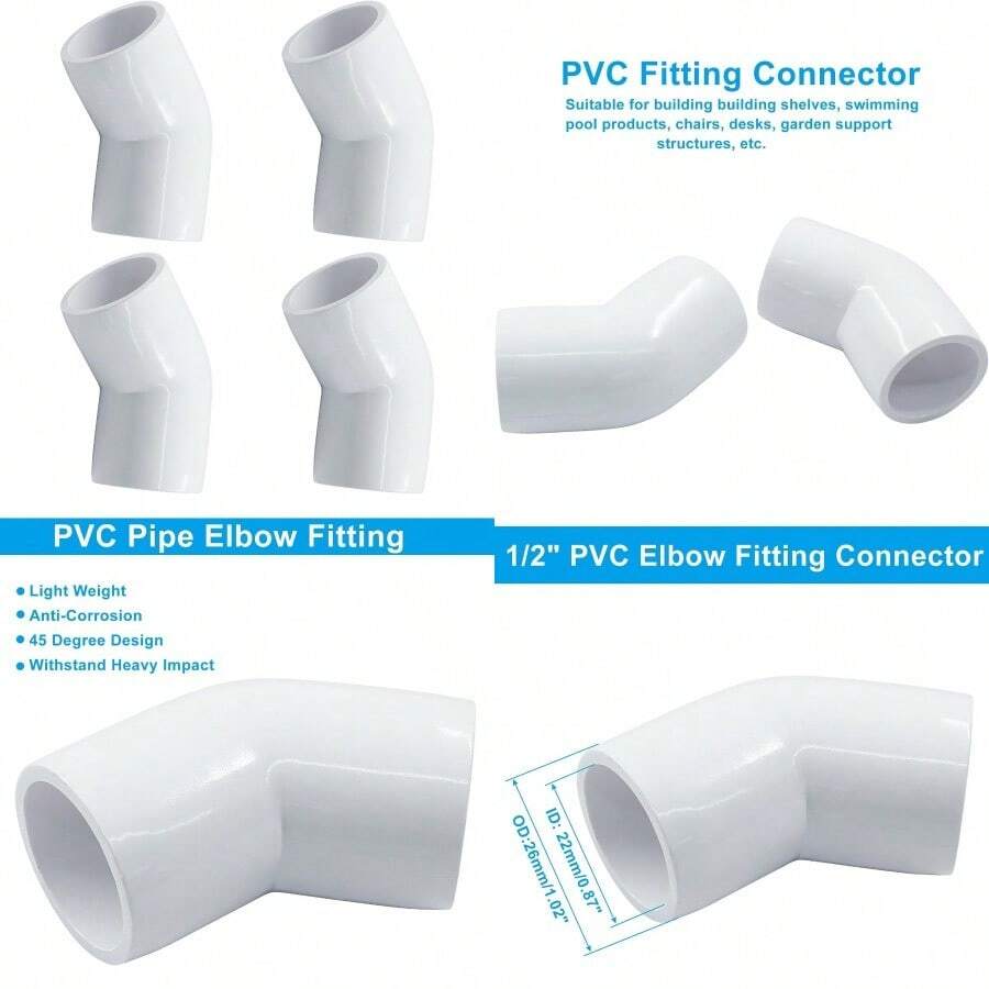 4 Pcs 1 2 Inch 45 Degree Elbow PVC Pipe Fitting 2 Way Furniture Grade ...