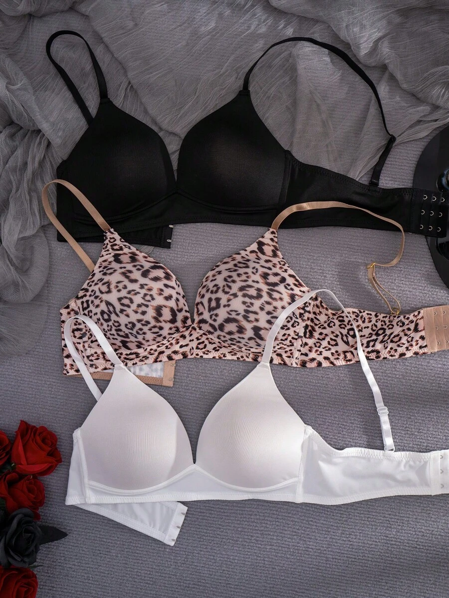 3pcs Women's Solid & Leopard Print Wireless Soft Cup Bras for Sale ...