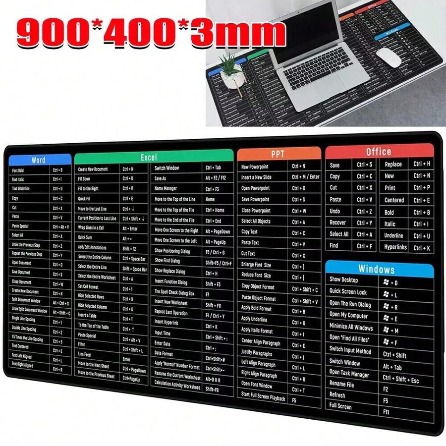 Gaming Mouse Mat Large Excel Shortcuts Mouse Pad XXL (900x400mm) Thick ...