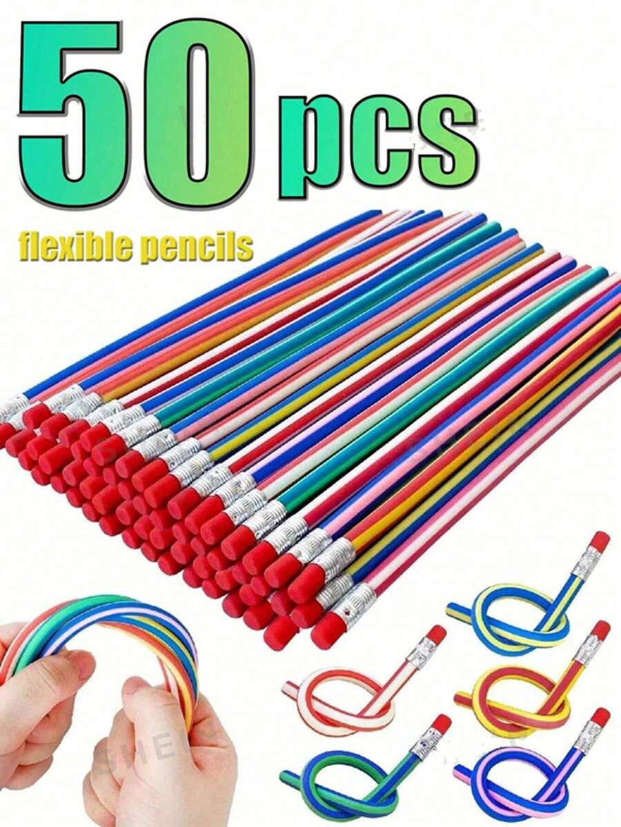 50 Pcs Bendy Pencils – Flexible Soft Striped Pencils With Erasers ...