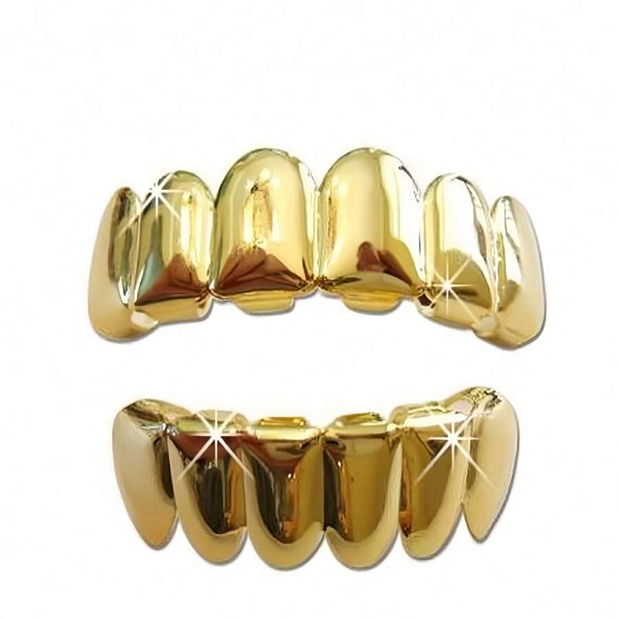 2pcs 6-Tooth Smooth Gold-Plated Teeth Grillz, Suitable For Men And ...