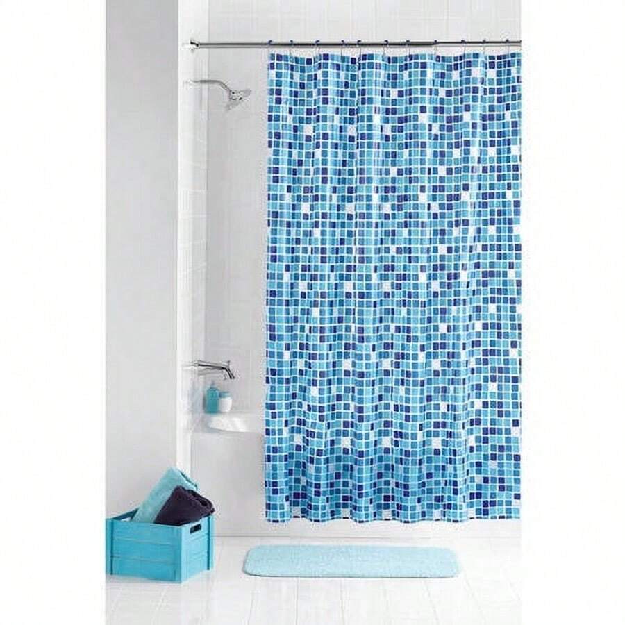 Shower Curtain Set: Blue PEVA Curtain With 12 Roller Shower Hooks ...