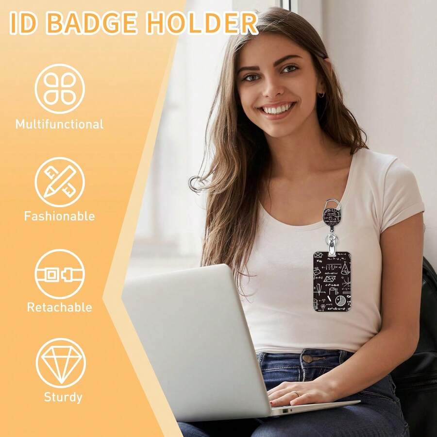 Badge Holder With Retractable Reel Clip And Lanyard, Math Theme Black ...