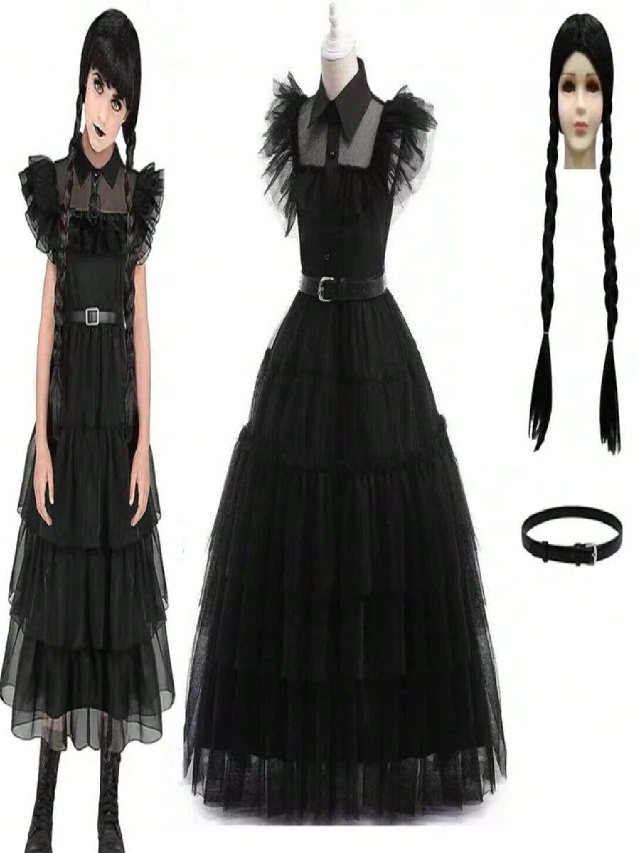 Dress+Belt+Wig Kids Girls Cosplay Wednesday's Charm Costume Fancy Mash ...