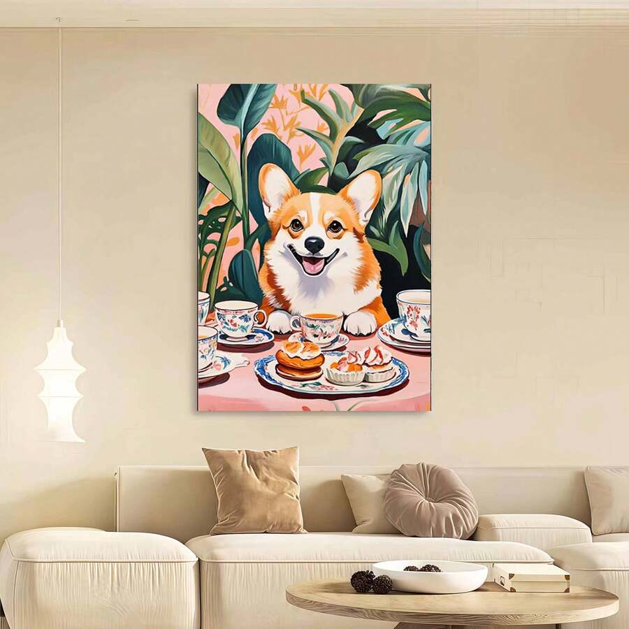 Framed 1pc Framed Canvas Print - Cute Corgi Tea Party Pastries, Modern ...