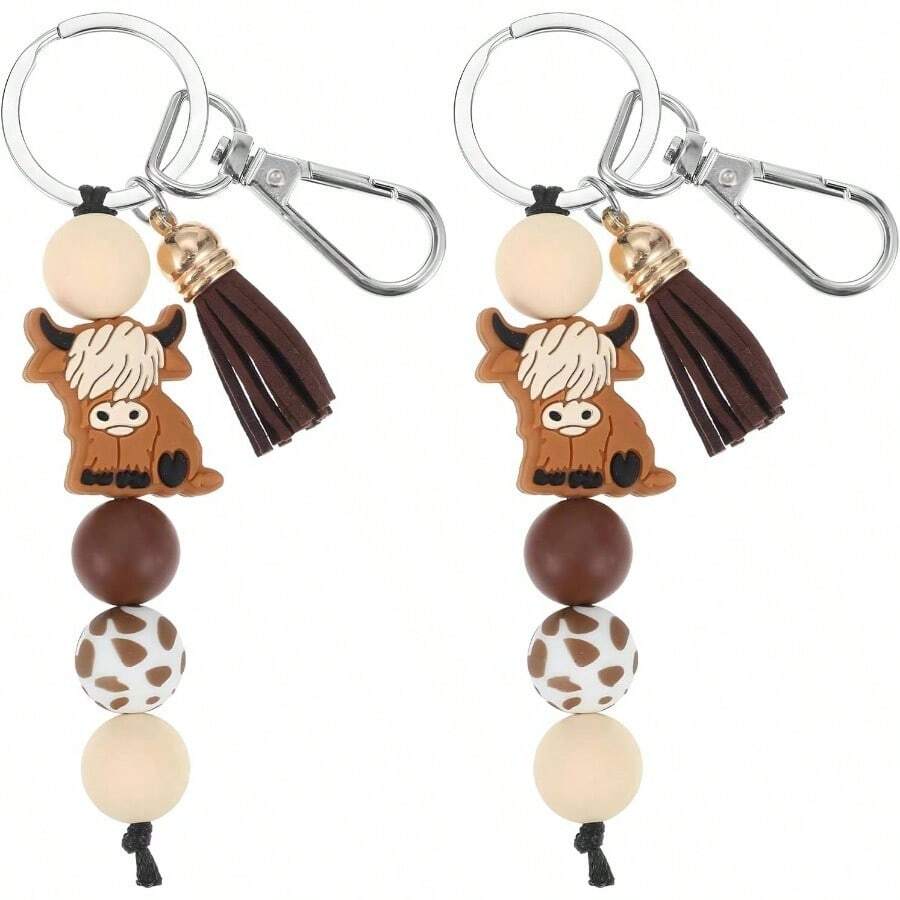 Cute Cow Animal Keychains - Silicone Beaded Tassel Keyrings Backpack ...