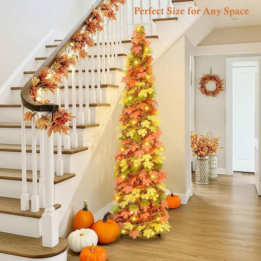 Fall Tree Home Decor, 5Ft Pop Up Tree Collapsible Tinsel Pencil Tree ...