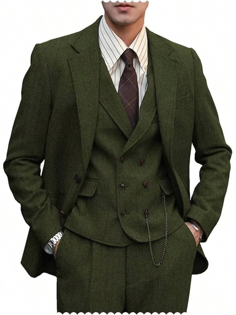 Mens Formal Tweed Wool 3 Piece Wedding Suit Prom Tuxedos Groomsmen ...