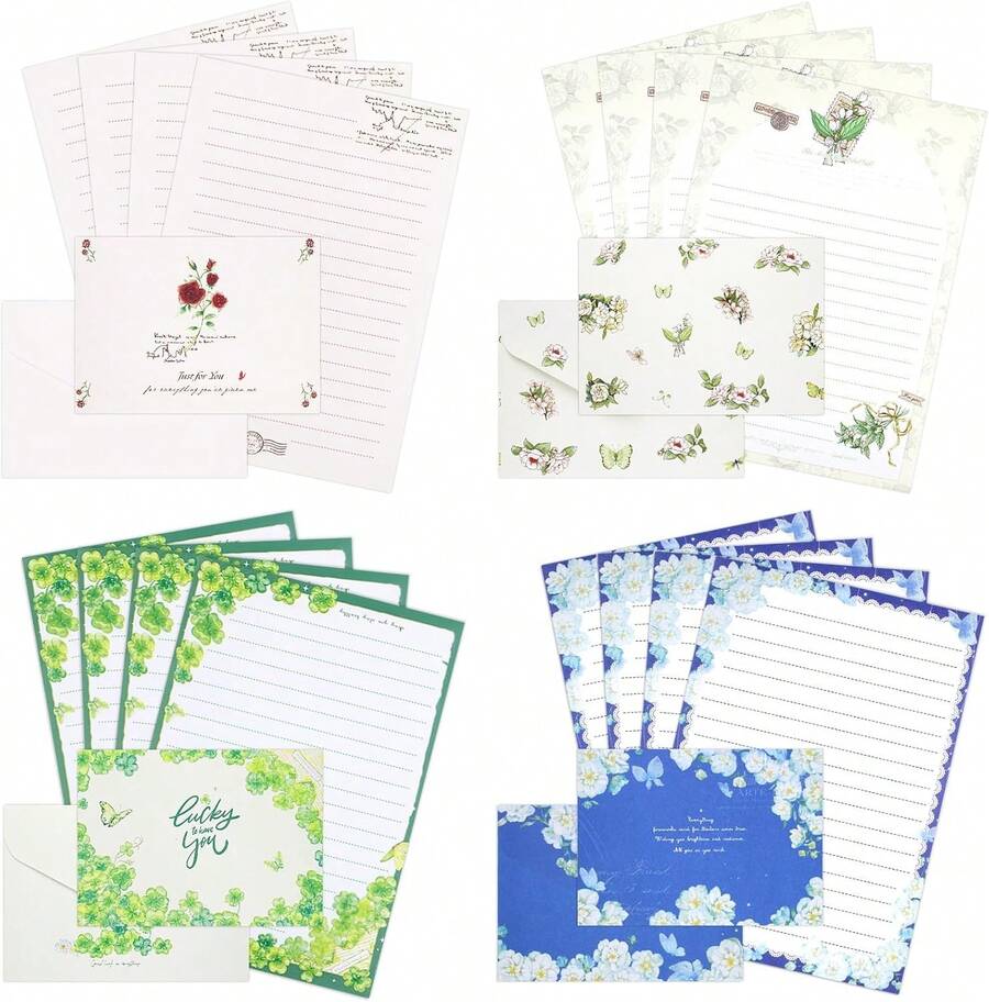 4-Themed 32-Piece Stationery Set: Rose, Clover, Blue & Gardenia ...