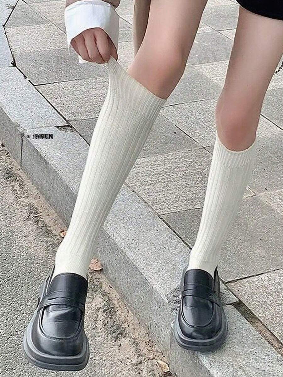 White Vertical Striped Pure Cotton Calf Socks, Thick & Versatile Knee ...